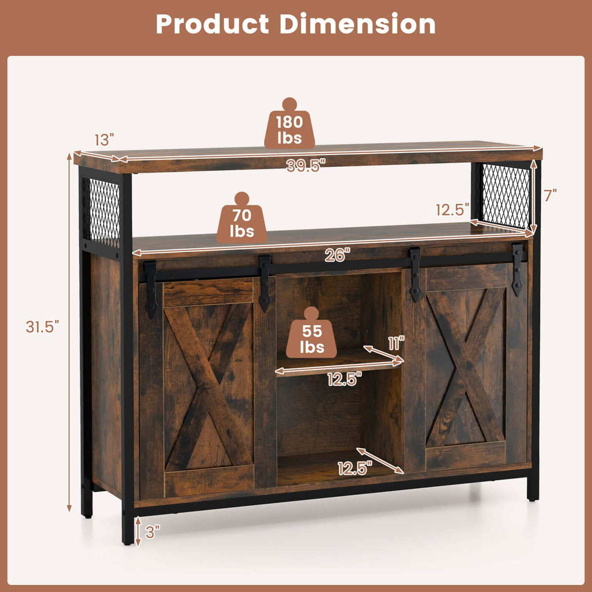 Gracie Oaks Industrial Buffet Sideboard Cabinet With Spacious Table Top Adjustable Shelves ...